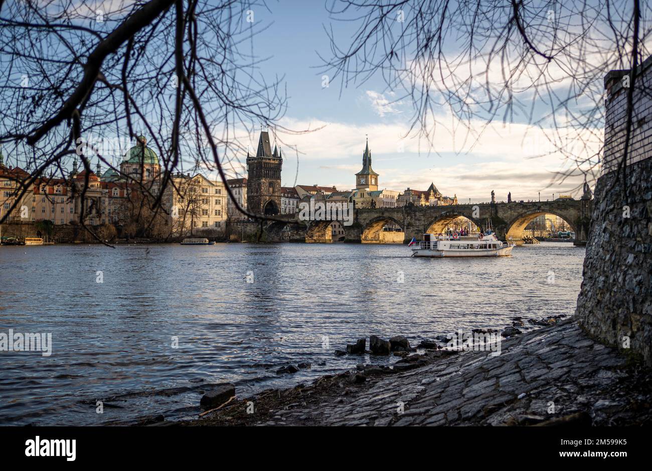 A scenic shot of the Charles Bridge with medieval architecture in ...