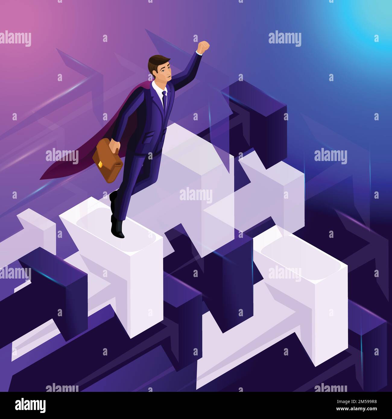 Advertising concept isometry, 3d businessman flies up, arrows pointing ...