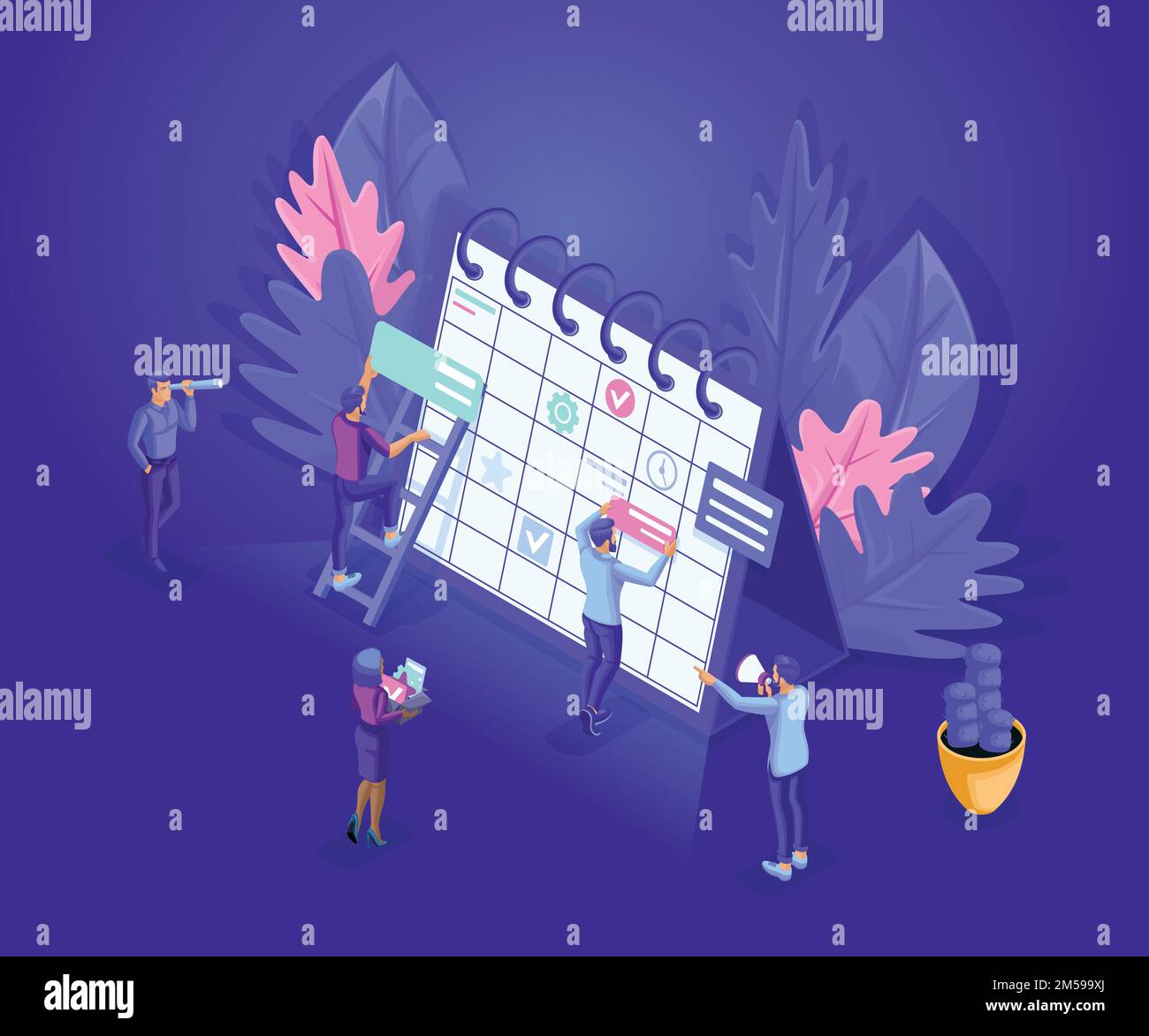 Isometrics people work together web industry. Little people characters make an online schedule ...