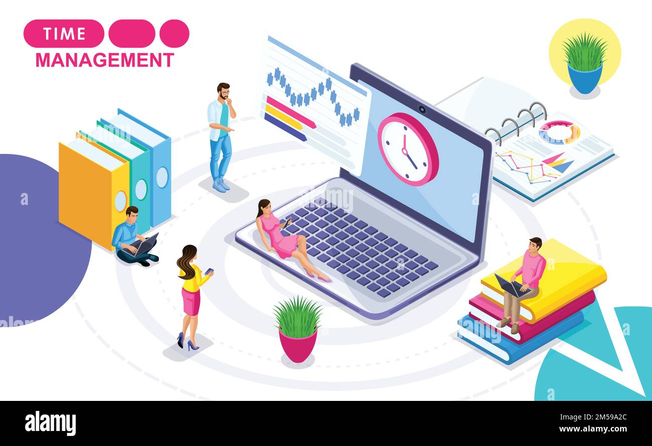 Isometric Concept of time management. Isometric people in motion, drawing up a work plan, hours ...