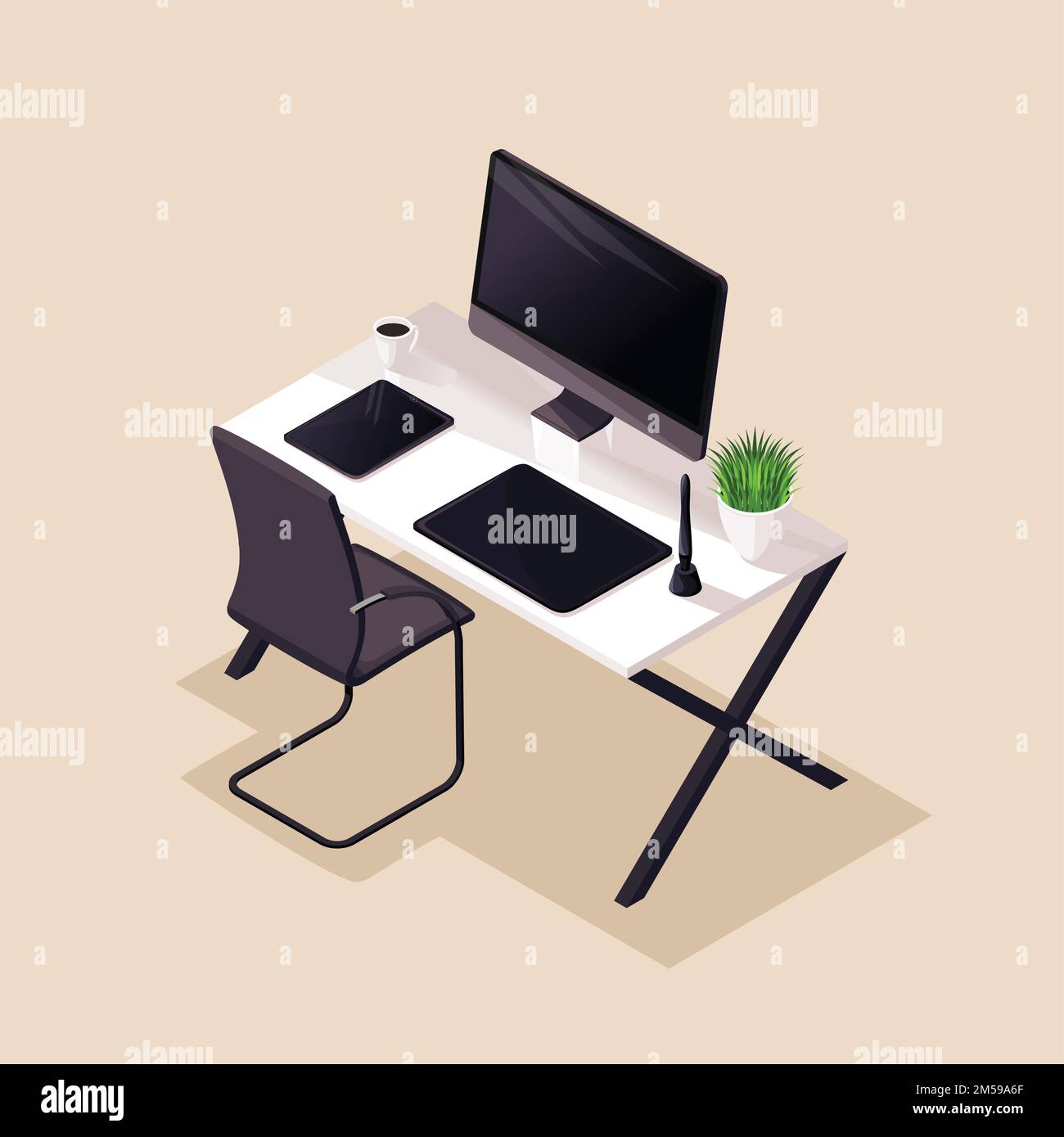 Isometry, desktop, comfortable workplace, monitor, graphic tablet ...