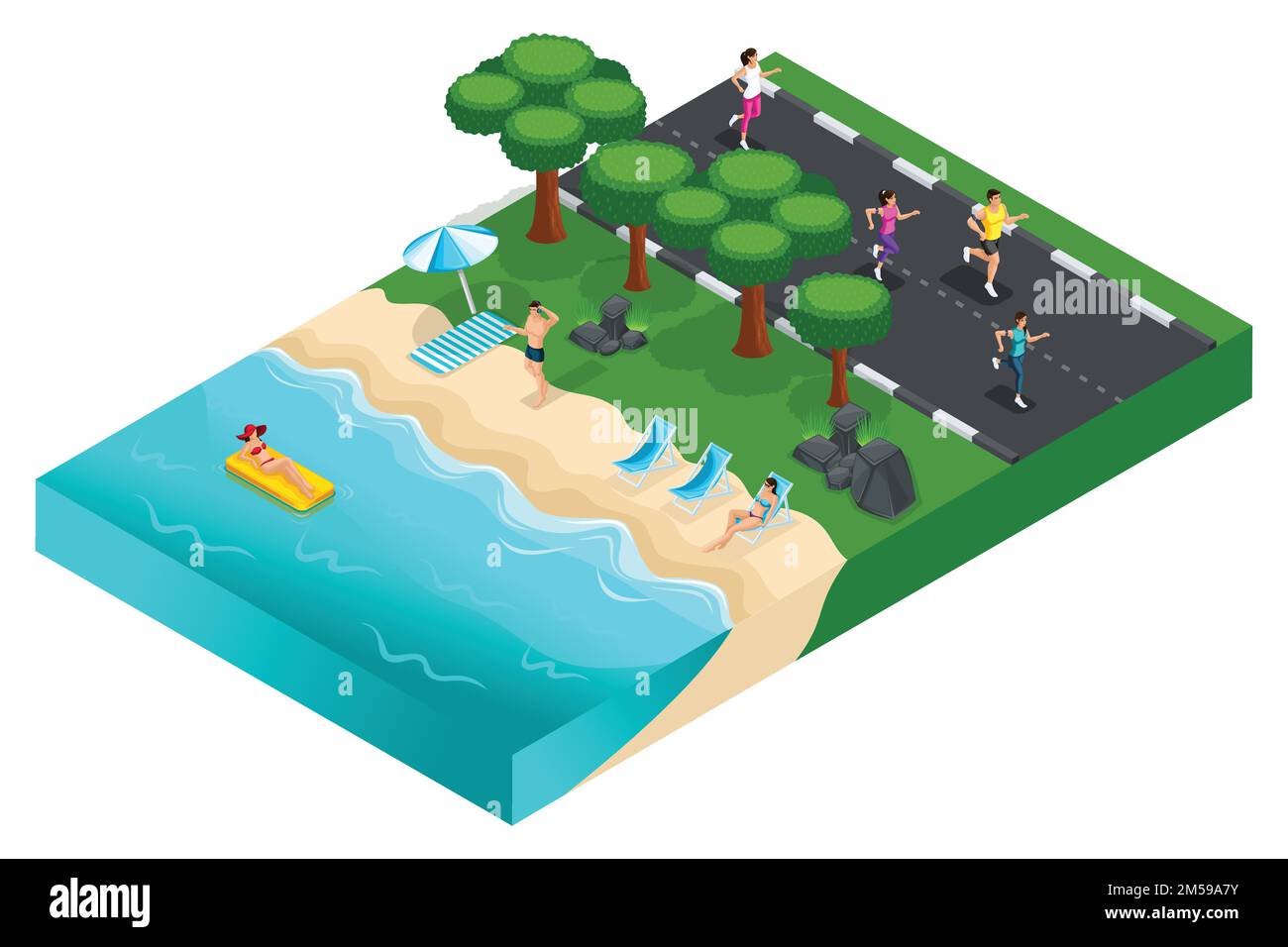 Isometrics rest on the nature, grass, landscape, people rest by the sea ...