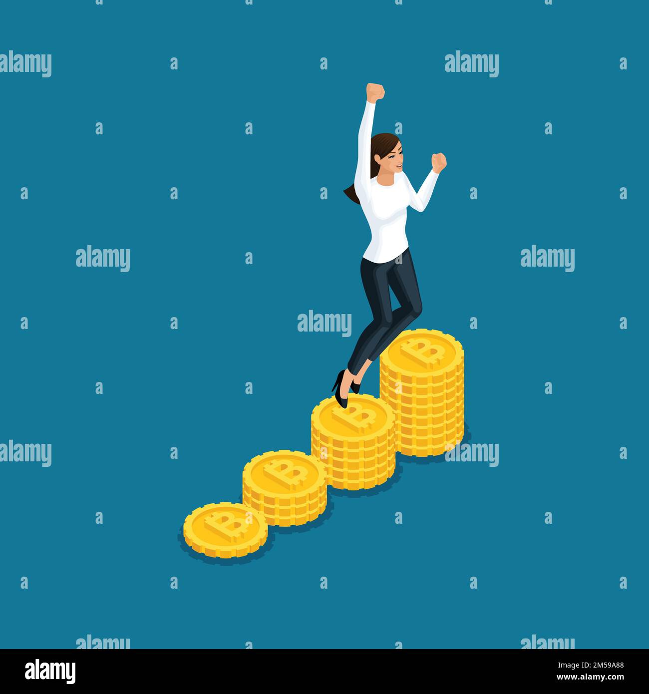 Isometric business woman jumping rejoices big profit ico blockchain ...