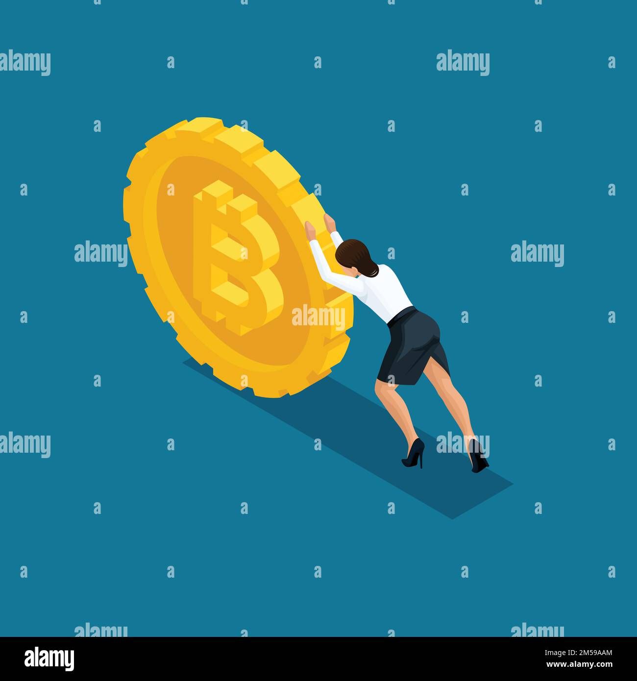 Isometric business lady pushes a large coin bitcoin, ico blockchain ...