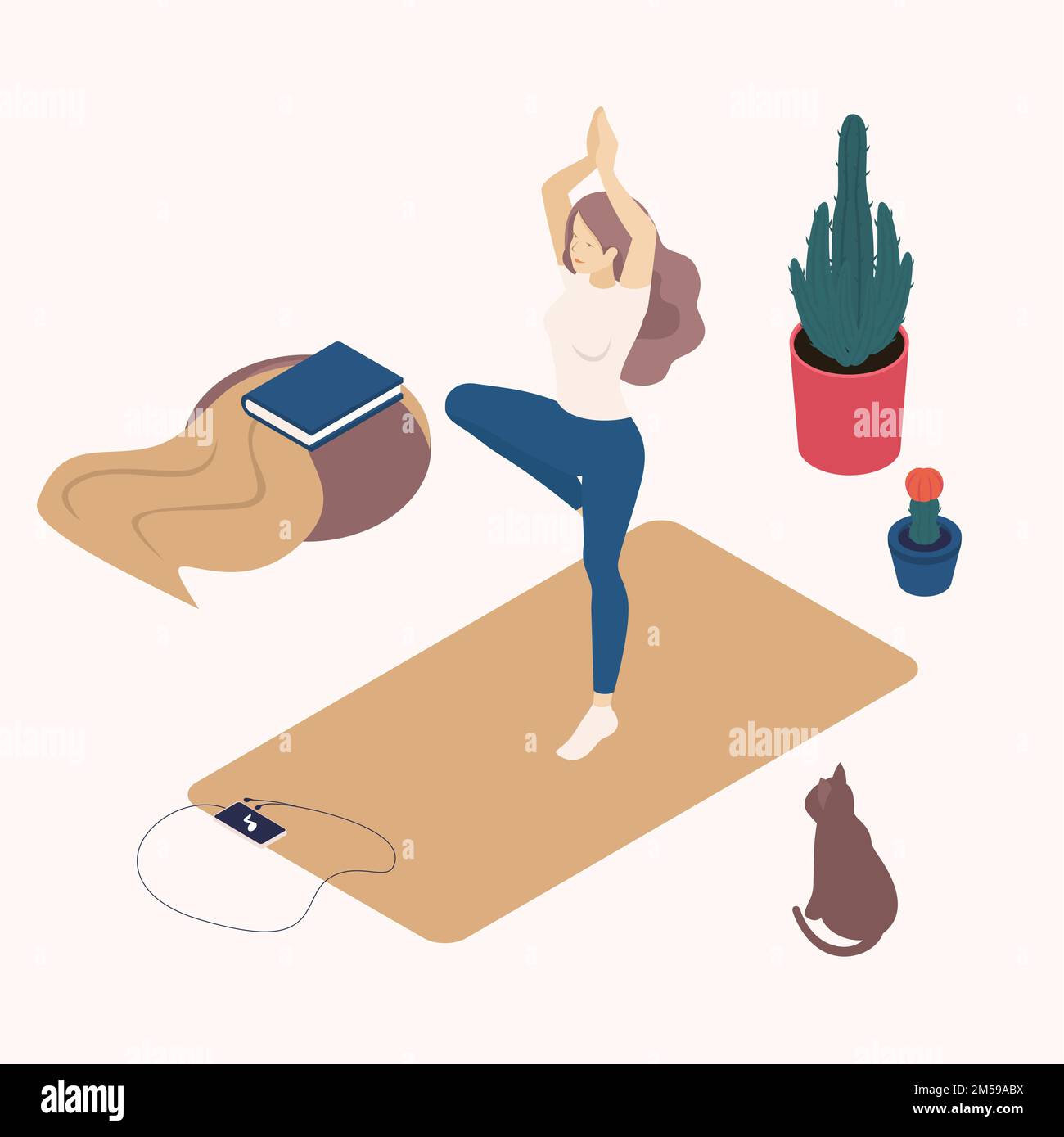 Isometric young woman in her free time, at home, practicing yoga ...