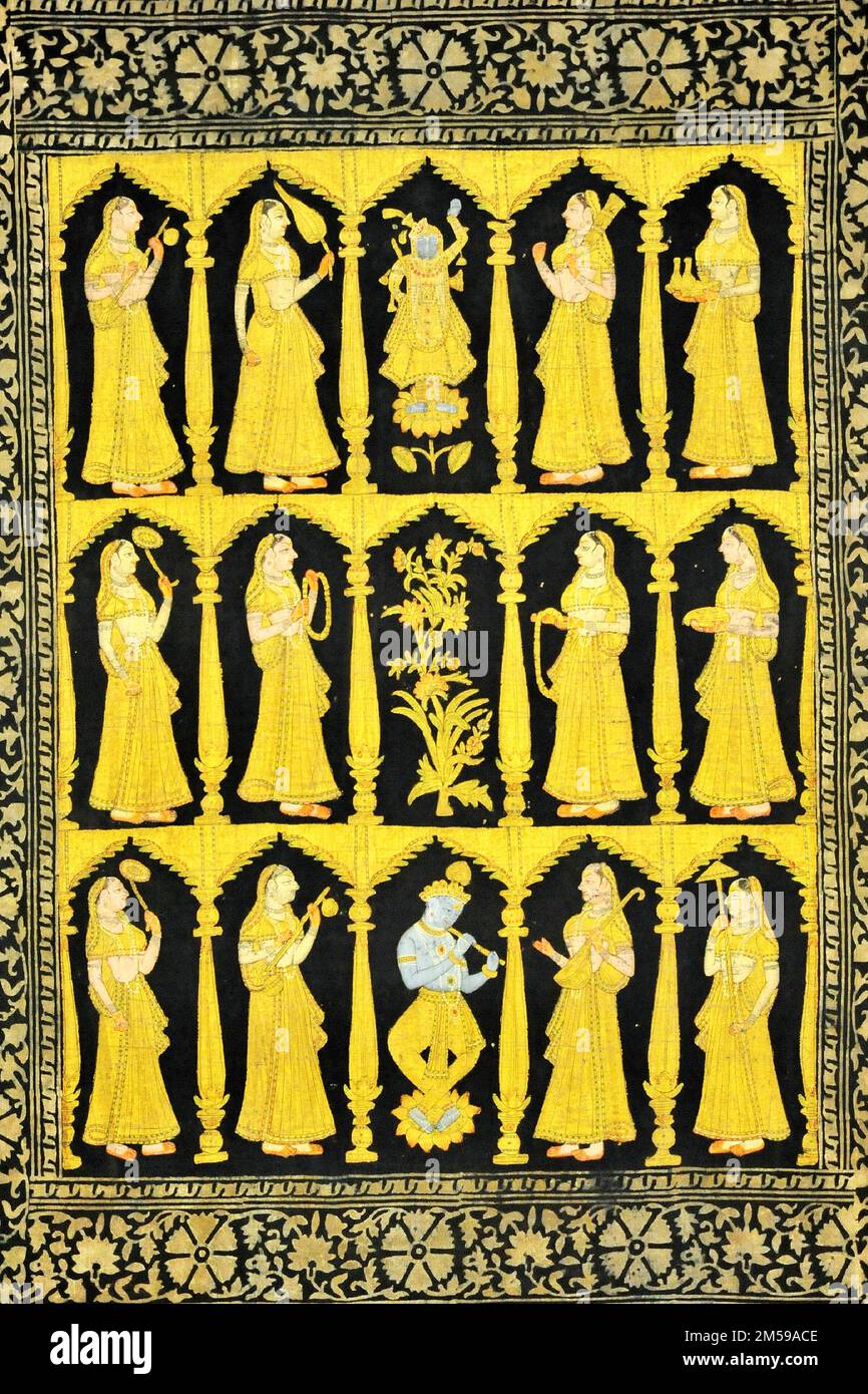 Lord Krishna with gopis Nathdwara pichwai artwork painting Stock Photo ...