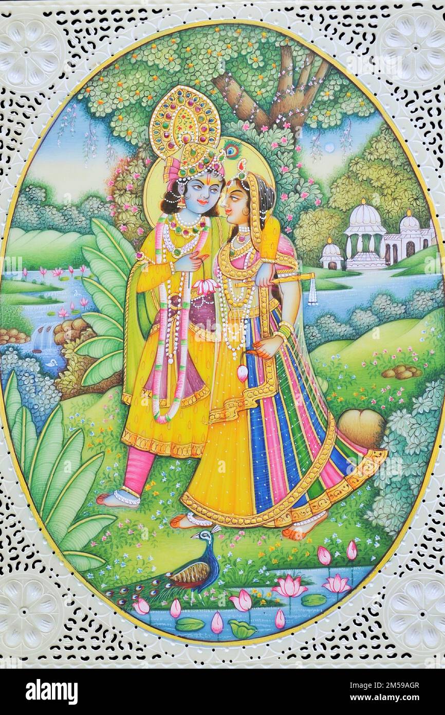 Radha Krishna walking garden artwork painting Stock Photo - Alamy