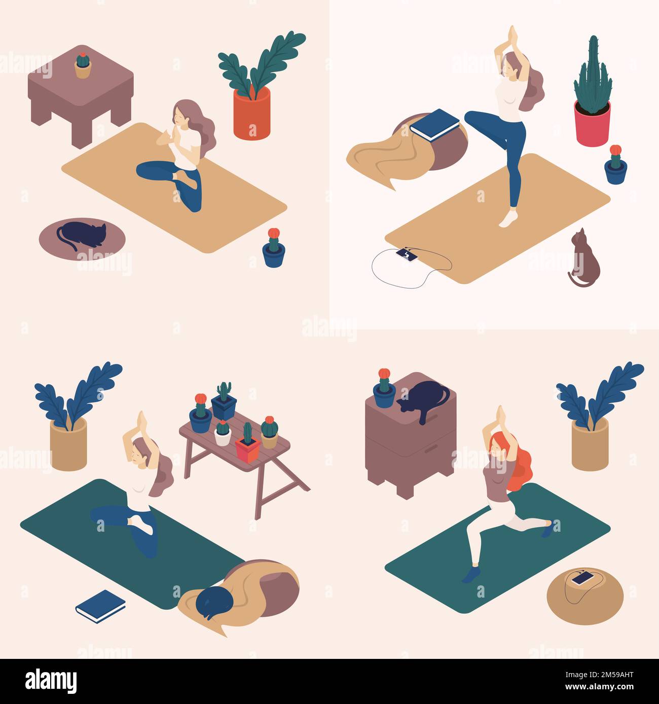 Isometric young women in their free time, doing yoga, posture, asana ...