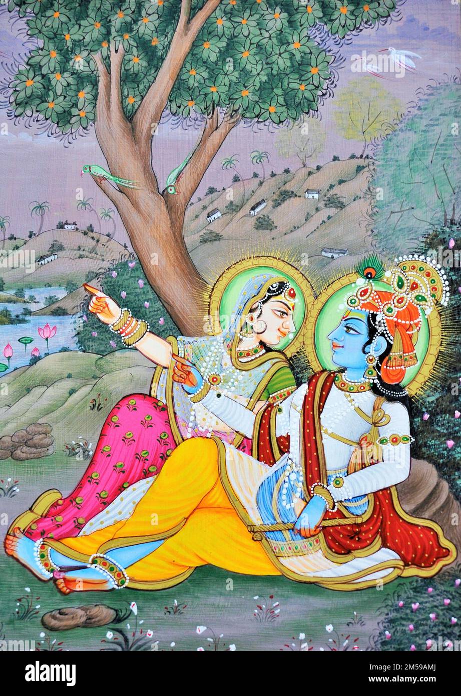 Radha Krishna sitting garden artwork painting Stock Photo - Alamy