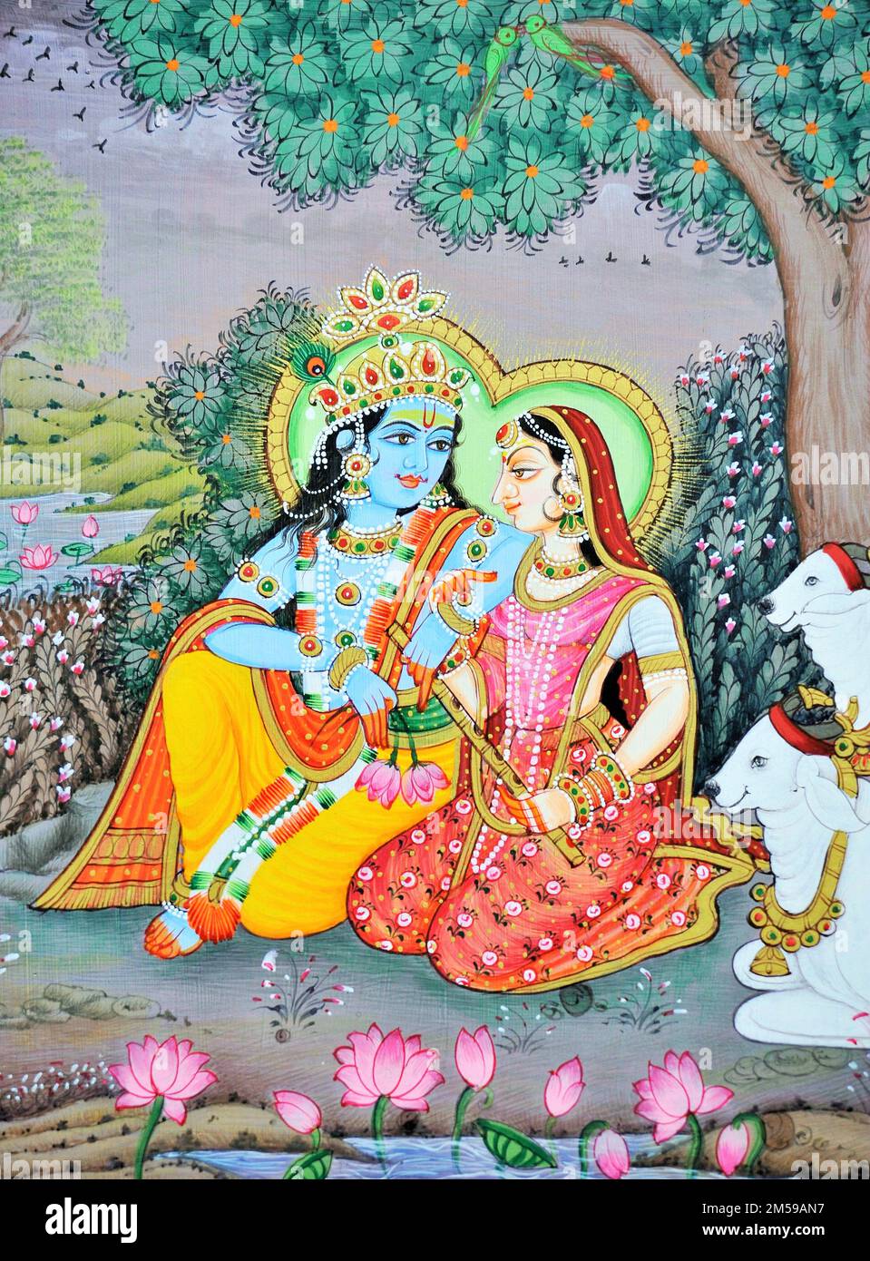 Radha Krishna sitting garden artwork painting Stock Photo - Alamy