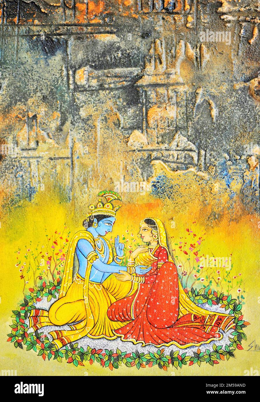 Radha Krishna sitting garden artwork painting Stock Photo - Alamy
