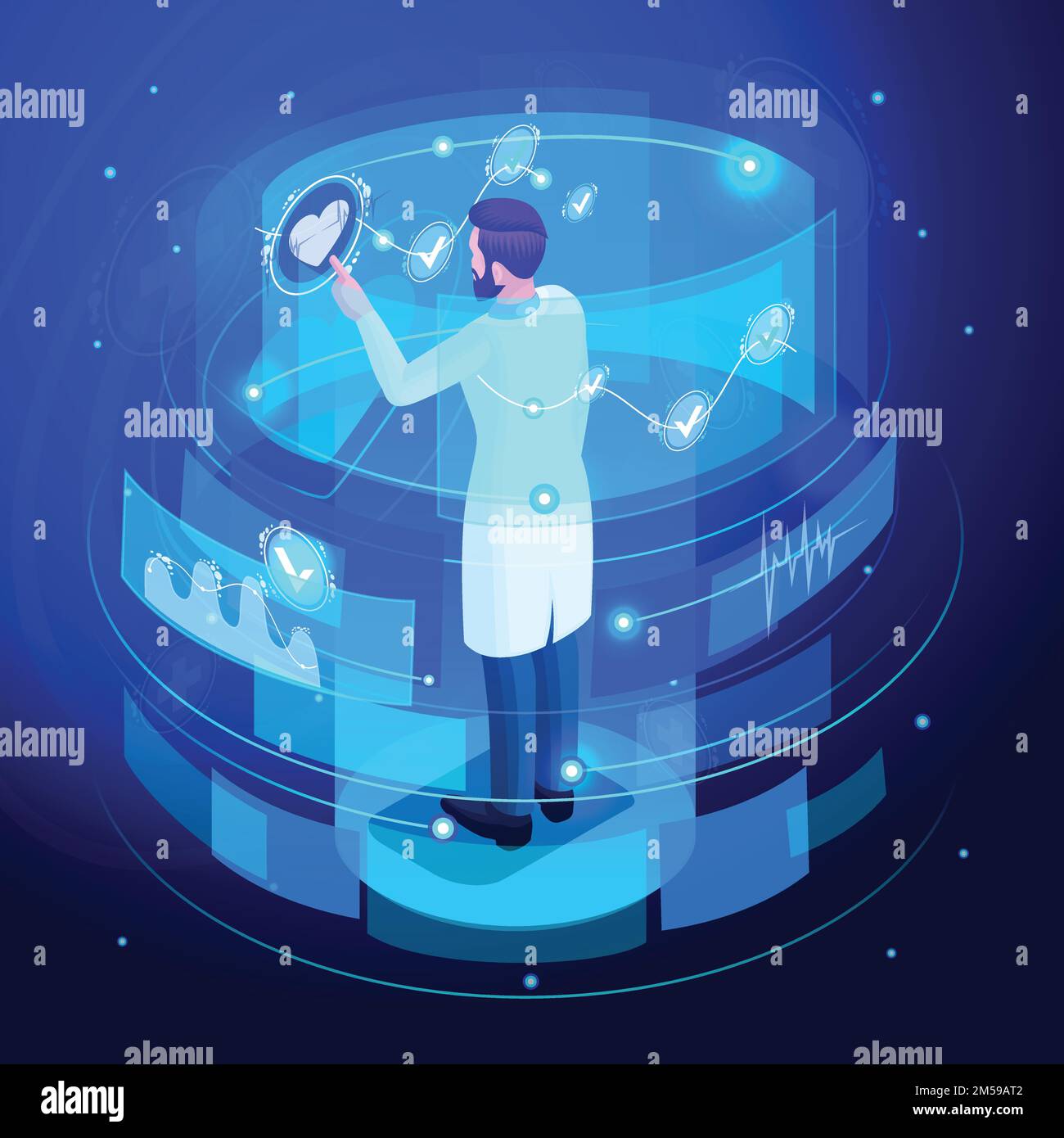Isometric doctor works on a virtual screen, monitors, set 3, remote ...