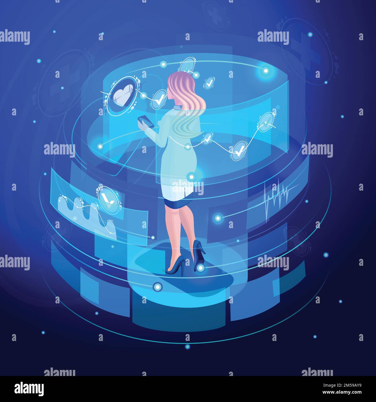 Isometric doctor works on a virtual screen, monitors, set 6, remote ...