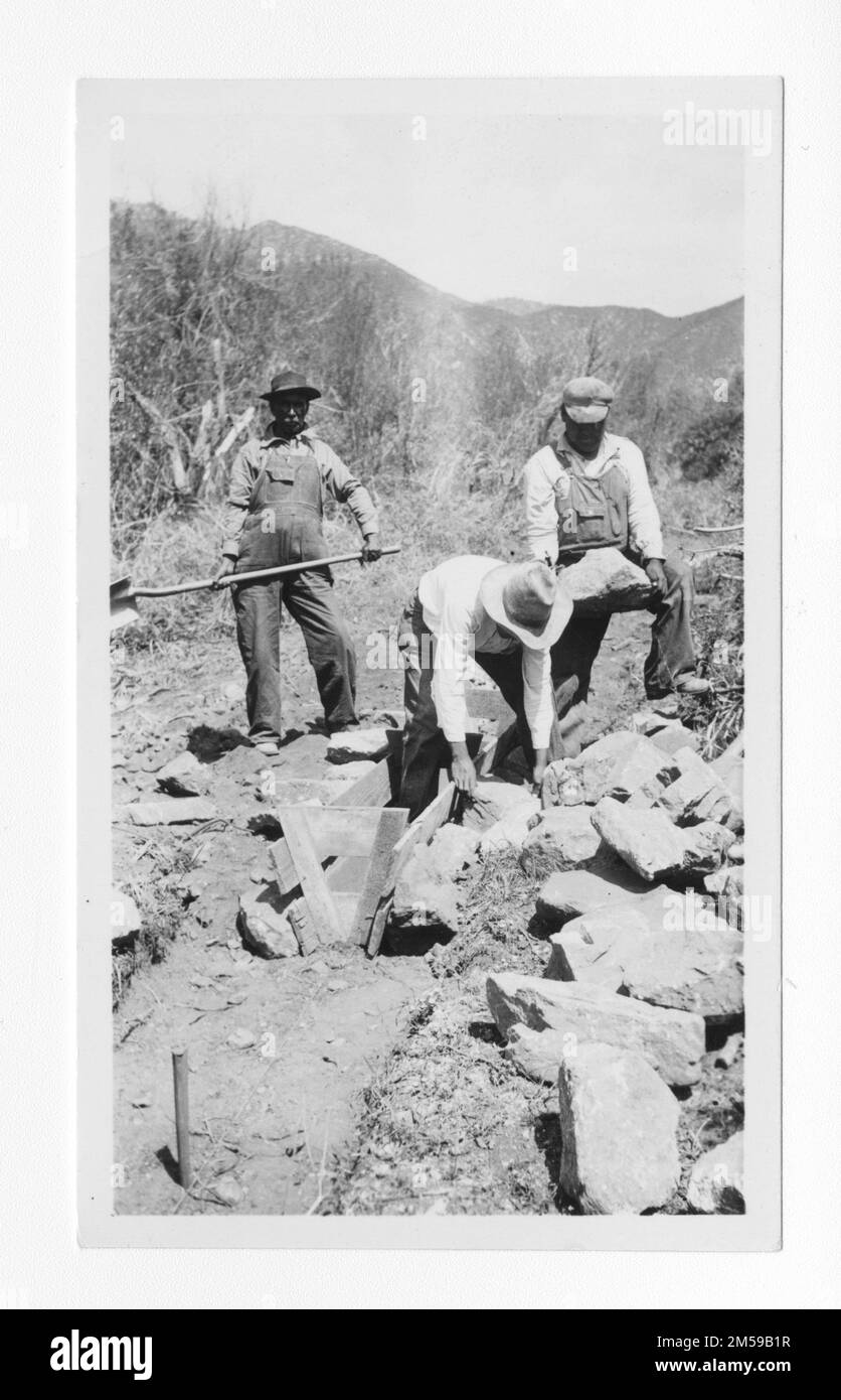 Original caption: "Morongo - First stages of stone and mortar conduit ...
