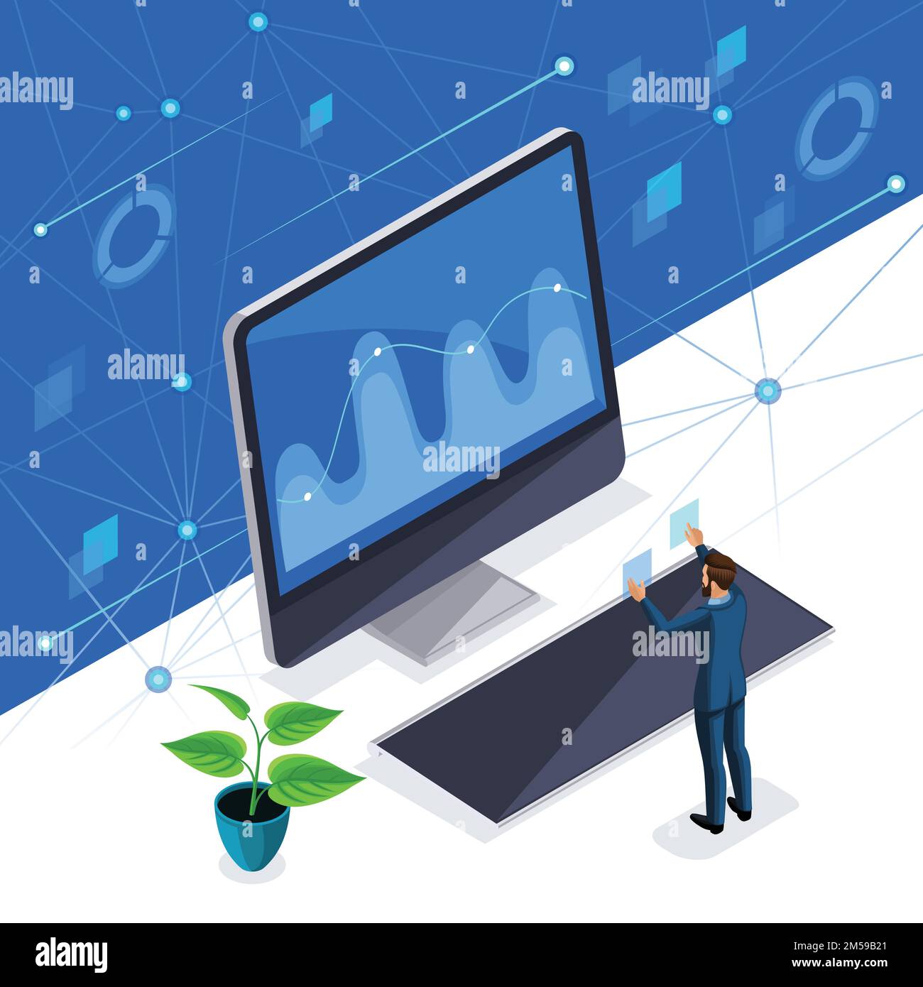 Isometric man, a businessman manages a virtual screen, a plasma panel ...
