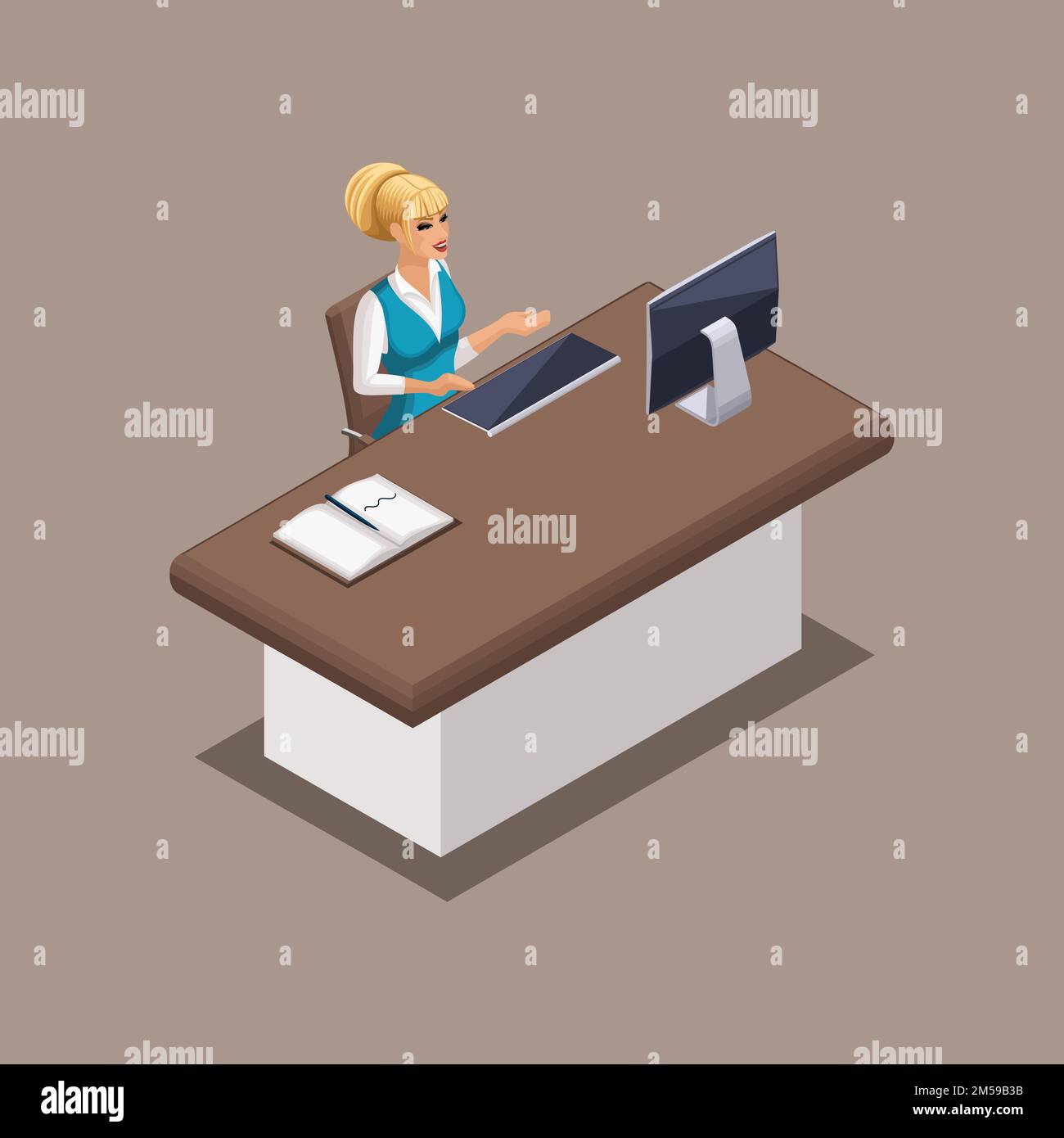 Isometric bank employee, a bank manager at work in a bank office ...