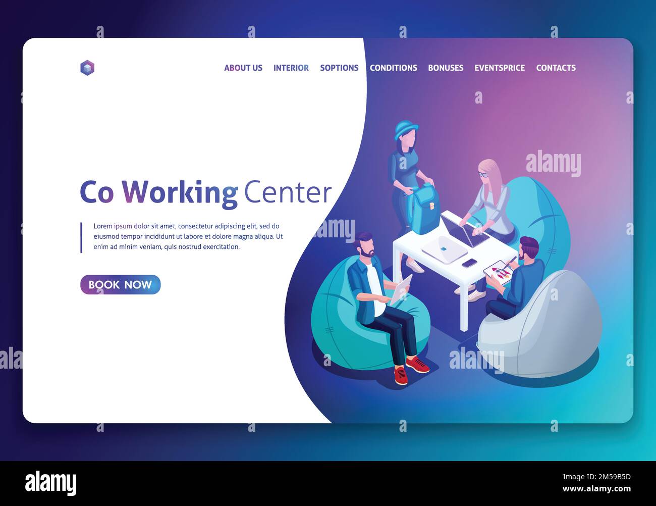 Website template design. Isometric concept Open workspace and coworking. Landing page concept.3D ...