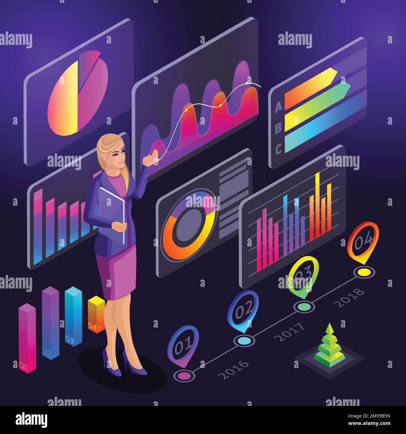 Infographics isometrics, the girl conducts training showing holographic ...