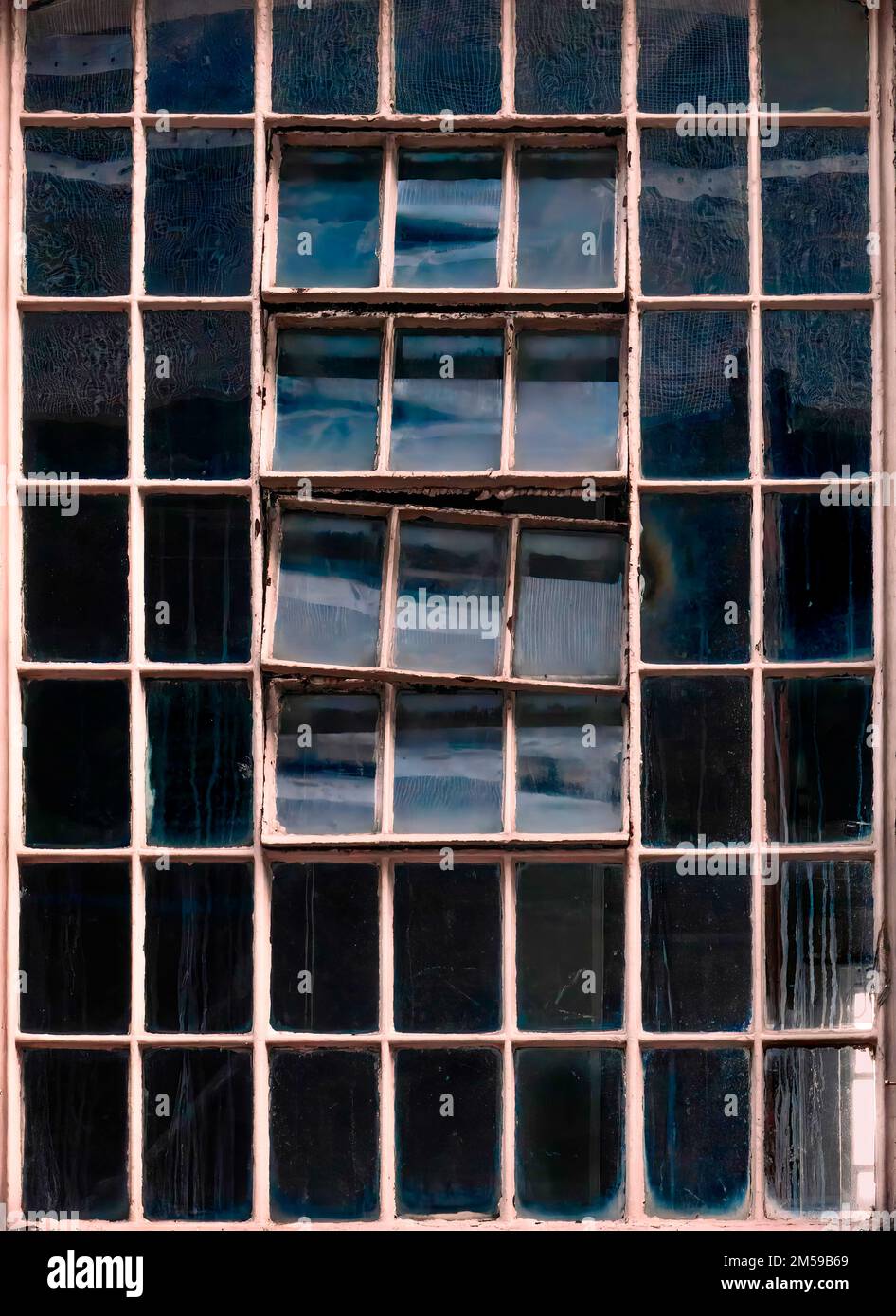 Old factory window texture with sky reflection, London, UK Stock Photo ...