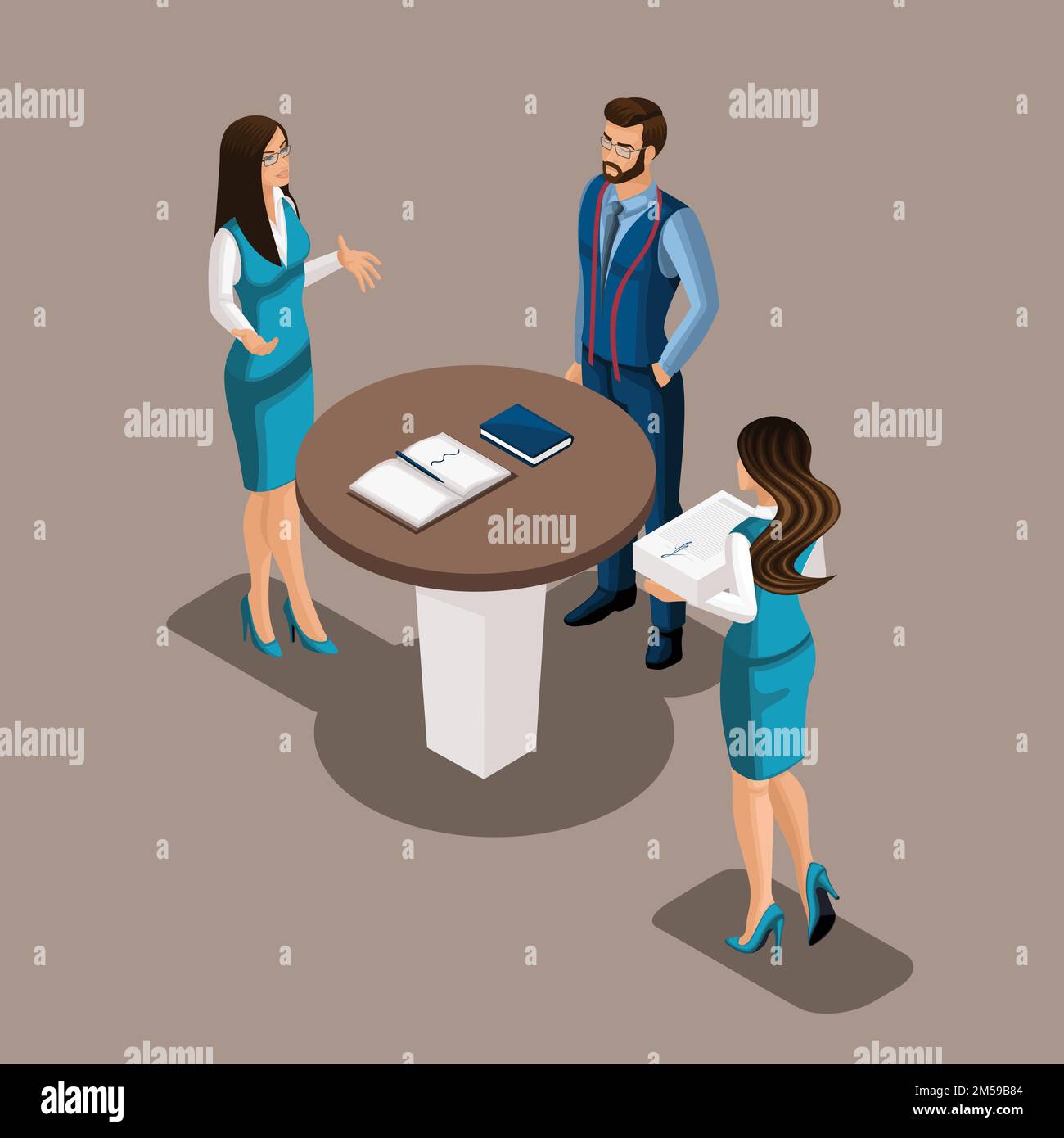 Isometric girl in the bank tells the client the advantages of opening a ...