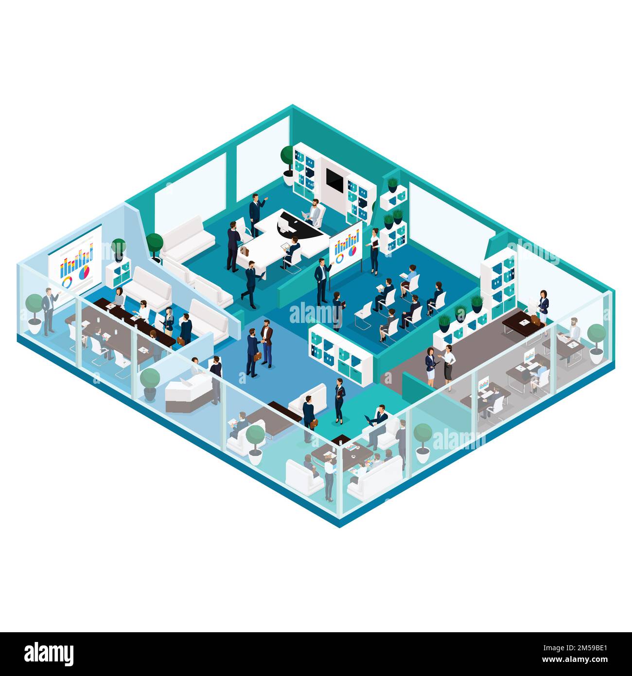 Trendy isometric people, office work illustration of a front view of ...