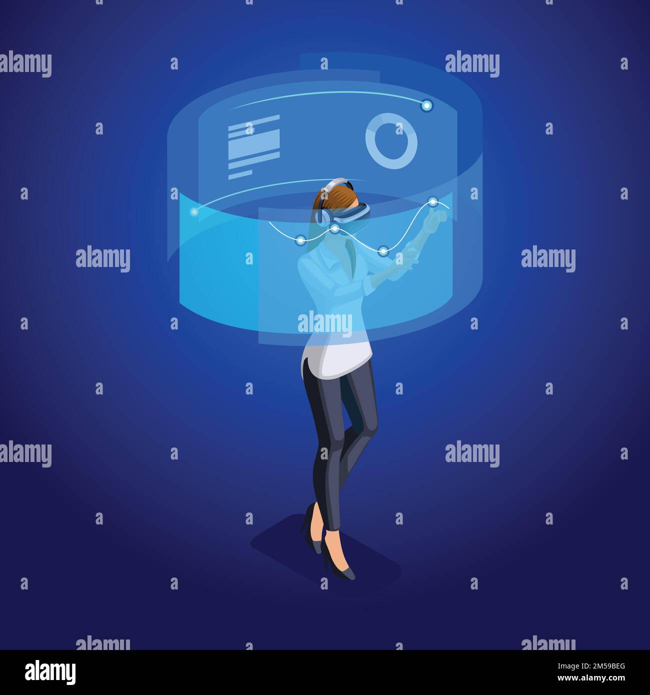 Isometric business ladies with gadgets, young entrepreneur, manages ...