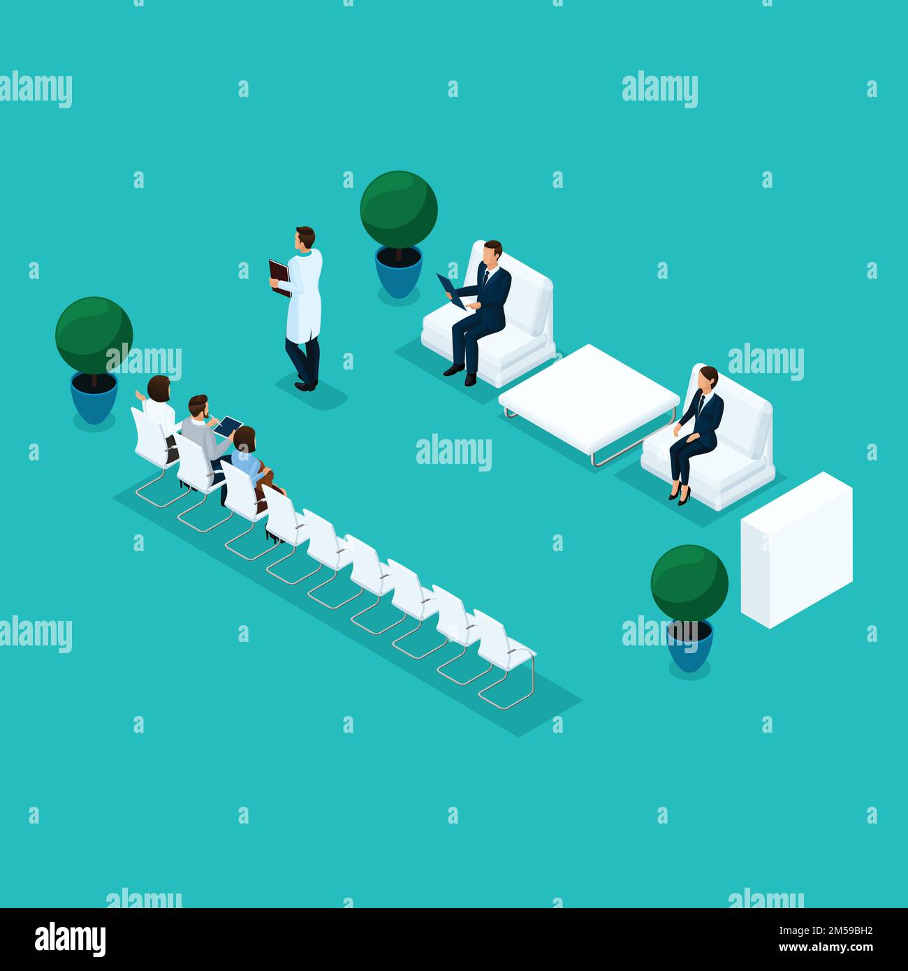 Trendy isometric people, a hospital corridor, waiting at the doctor's ...