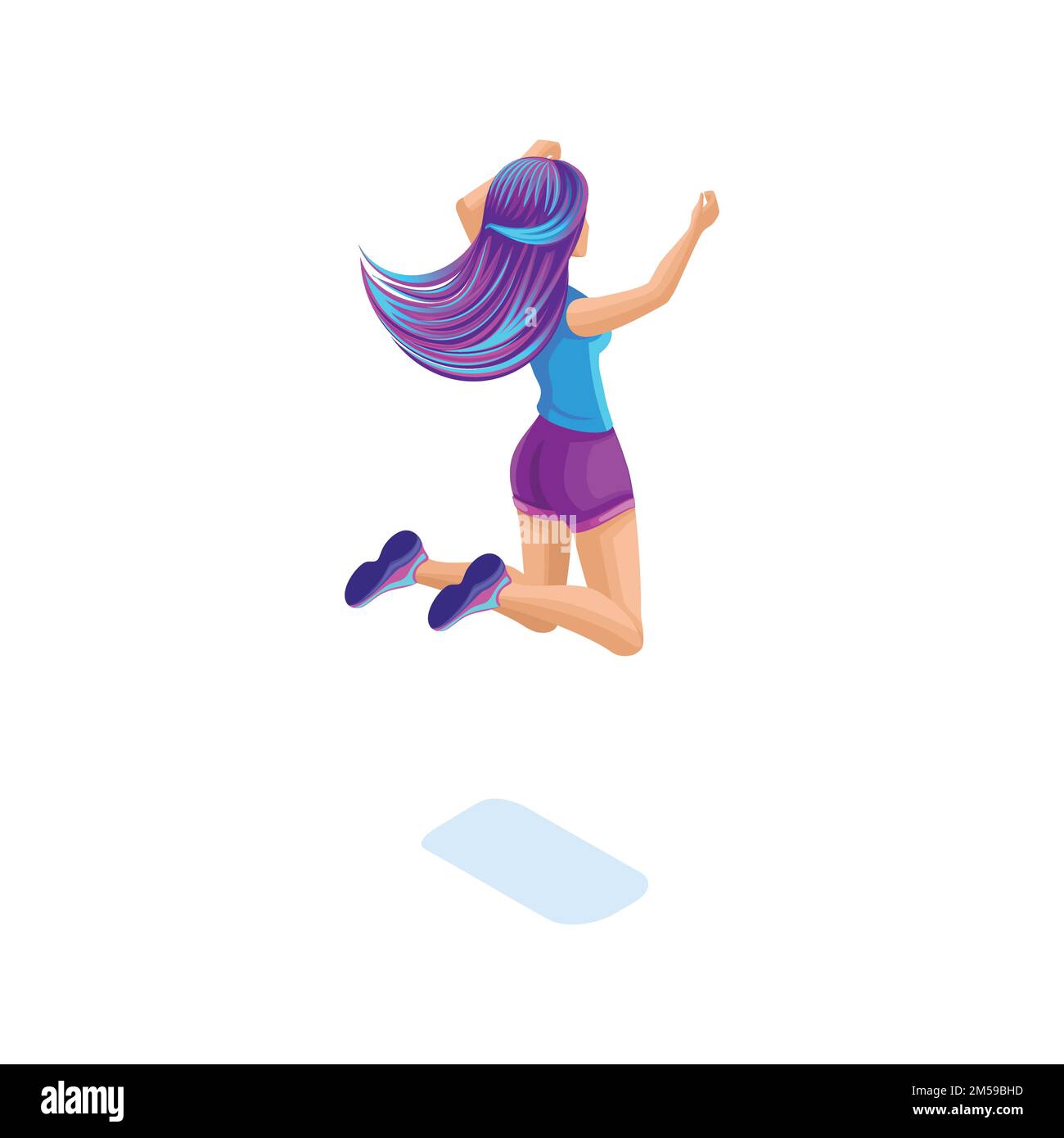 Isometric girl jumping, having fun, happy with colorful hair, concept ...