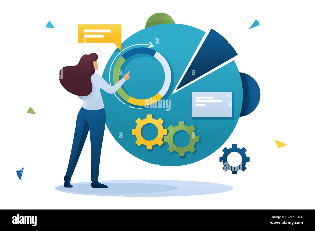 Young girl in progress at work, woman character with graph Research and ...