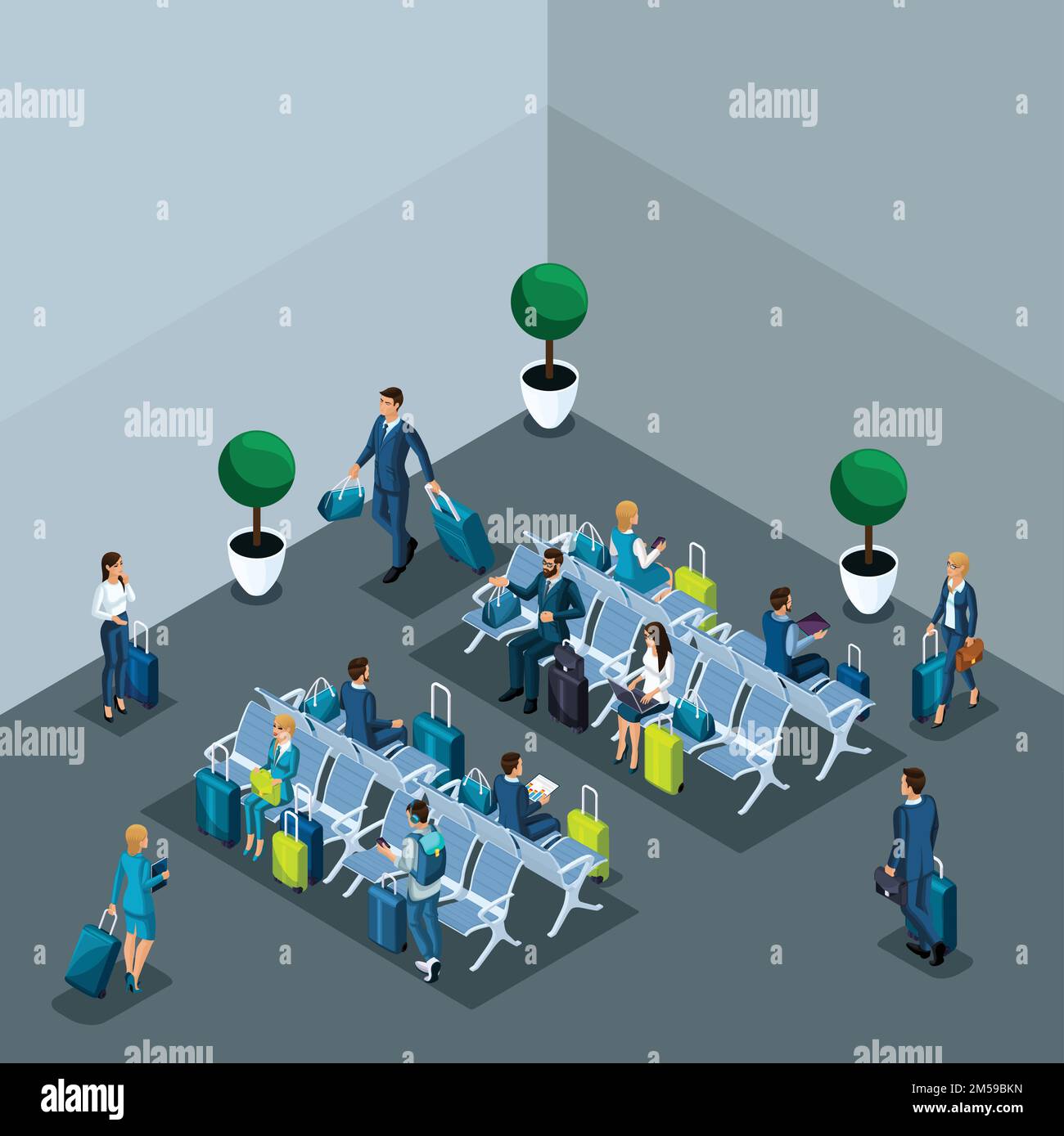 Isometric concept of the waiting room of the international airport ...