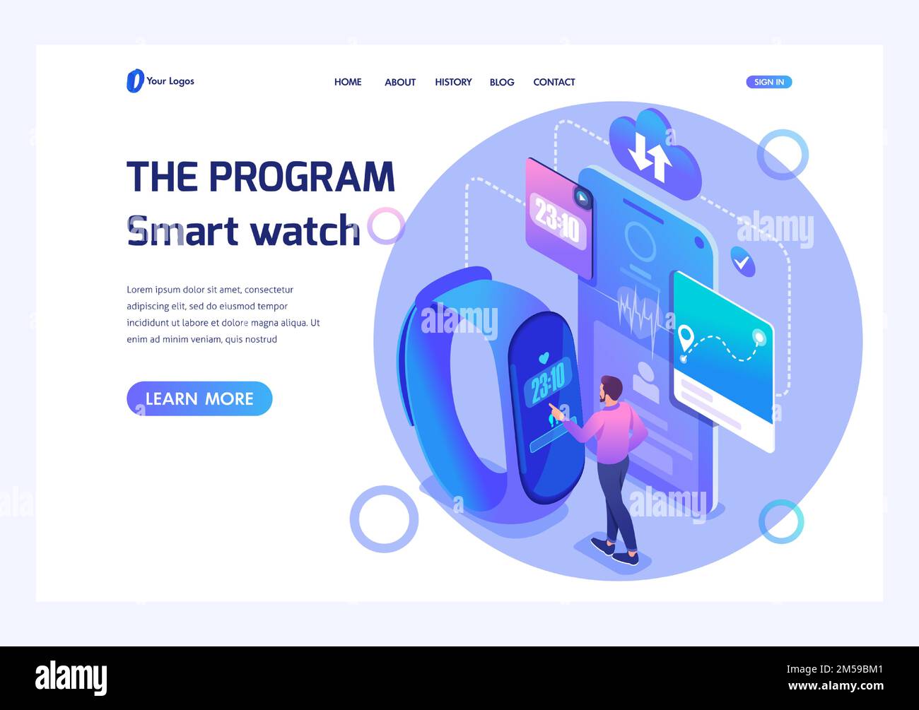 Isometric concept male uses Fitness bracelet, adjusts smart watch program. Template landing page ...