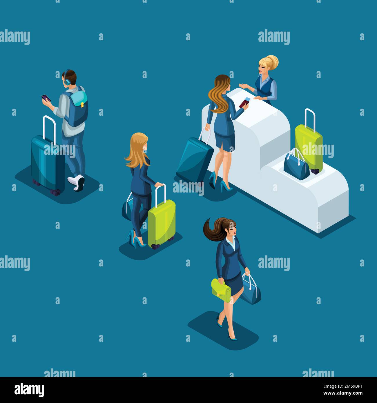 Isometric airport passengers pass passport control, business people ...