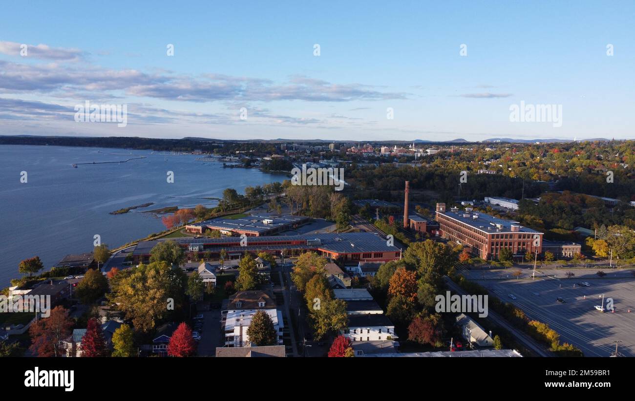 An aerial view of a coastal town and the sea in Burlington, Vermont ...