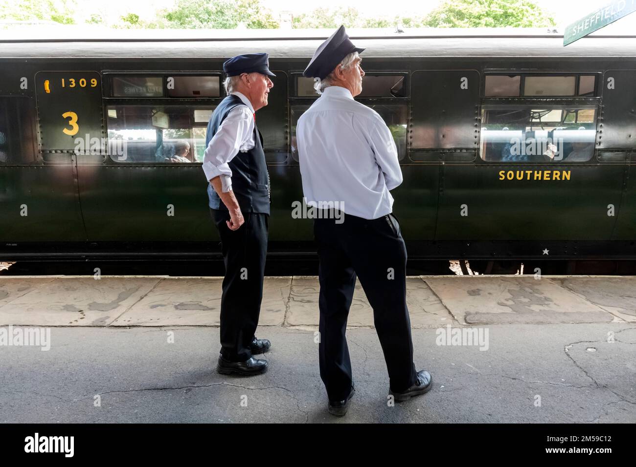 England, Sussex, Bluebell Railway, Horsted Keynes Station, Guards on ...