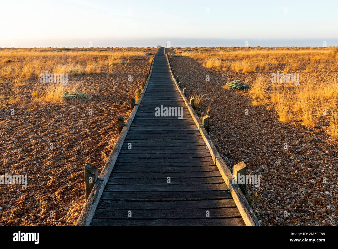 England, Kent, Dungeness, Wooden Walkway on Shingle Beach *** Local ...