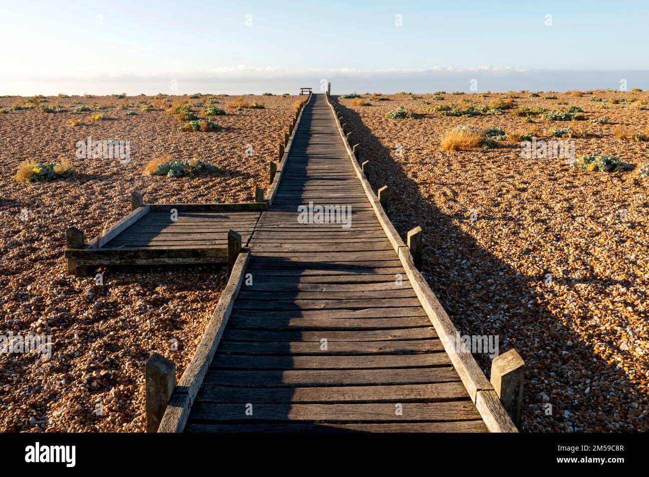 England, Kent, Dungeness, Wooden Walkway on Shingle Beach *** Local ...