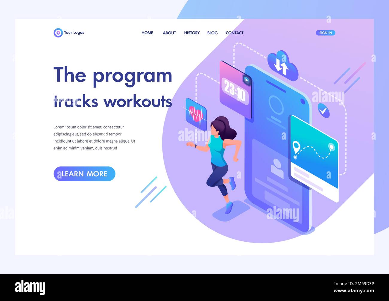 Isometric concept Young girl running, the Program tracks her workout ...