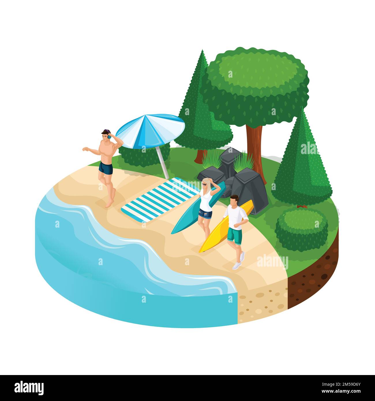 Isometric island vacation people on the beach, stones, trees, river ...