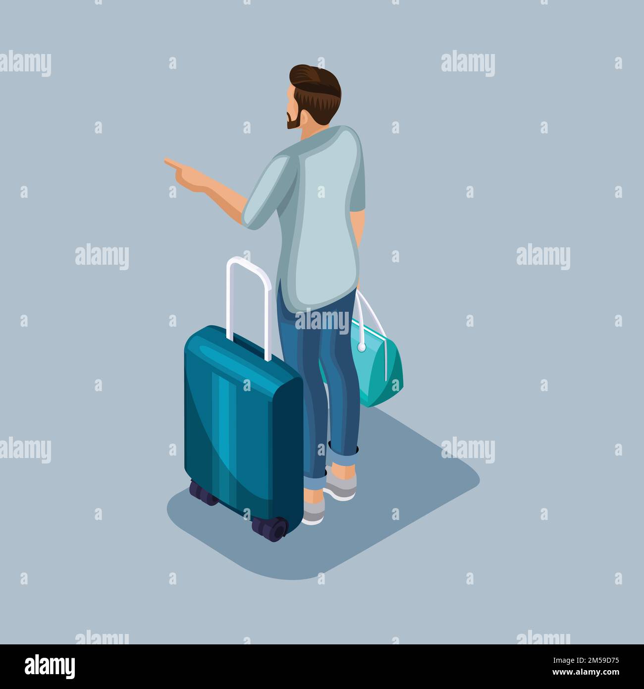 Isometric young man at the airport is waiting for a flight with things ...
