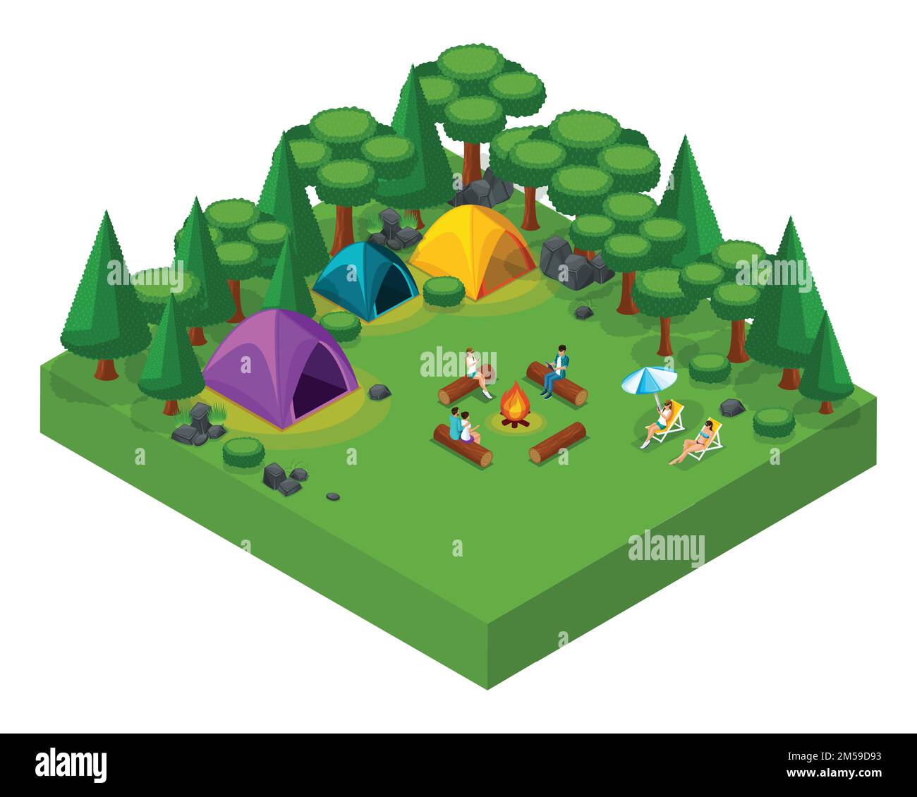 Isometric landscape of rest, friends at the weekend at the camping site ...