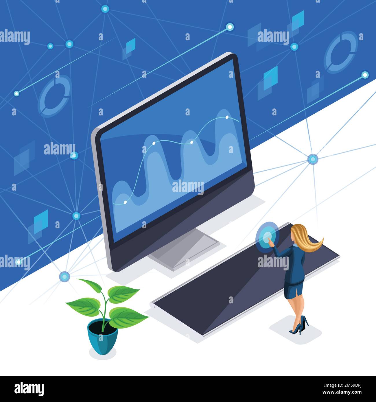 Isometric is a stylish woman, a beautiful business lady manages a virtual screen, a plasma panel ...