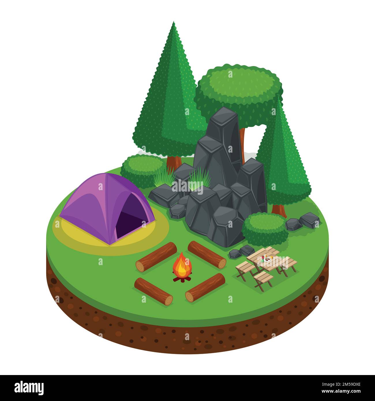 Isometrics camping, outdoor recreation, nature, lake, forest, tent ...