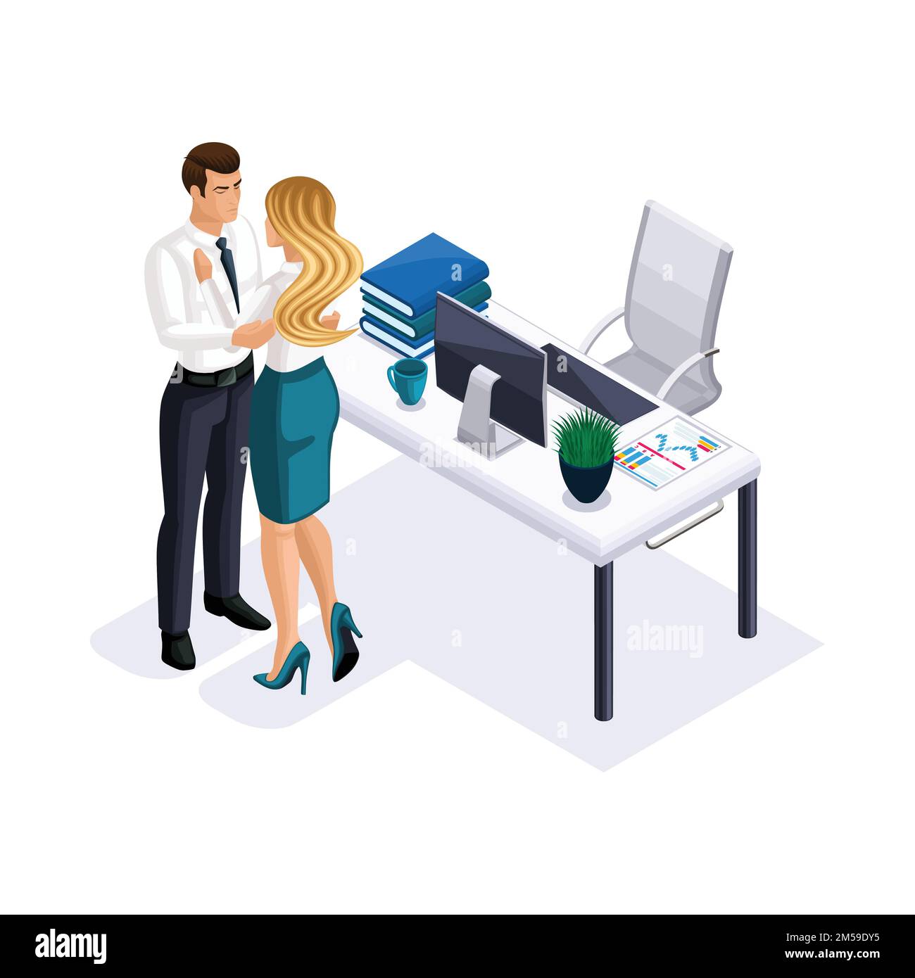 Isometric business woman and businessman hugging in the office, office ...
