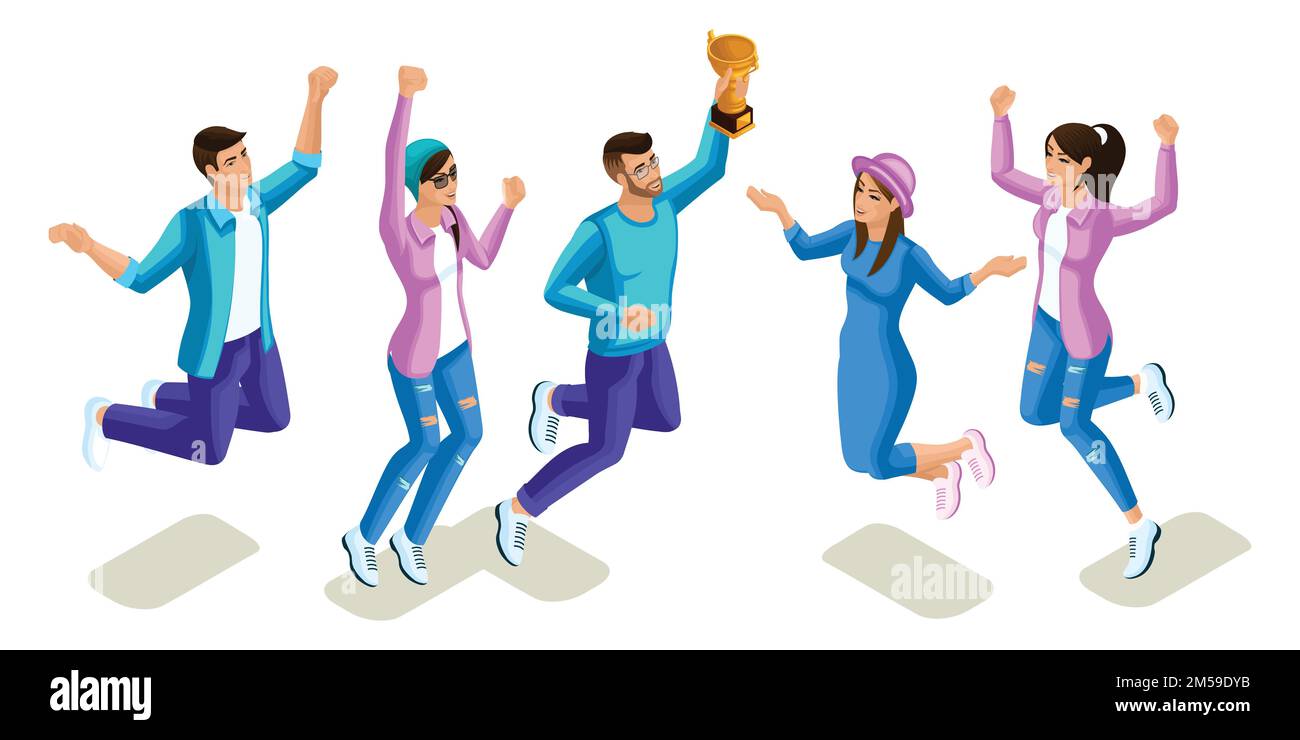 Isometrics teenagers jumping, bright design, generation Z, cool girls ...