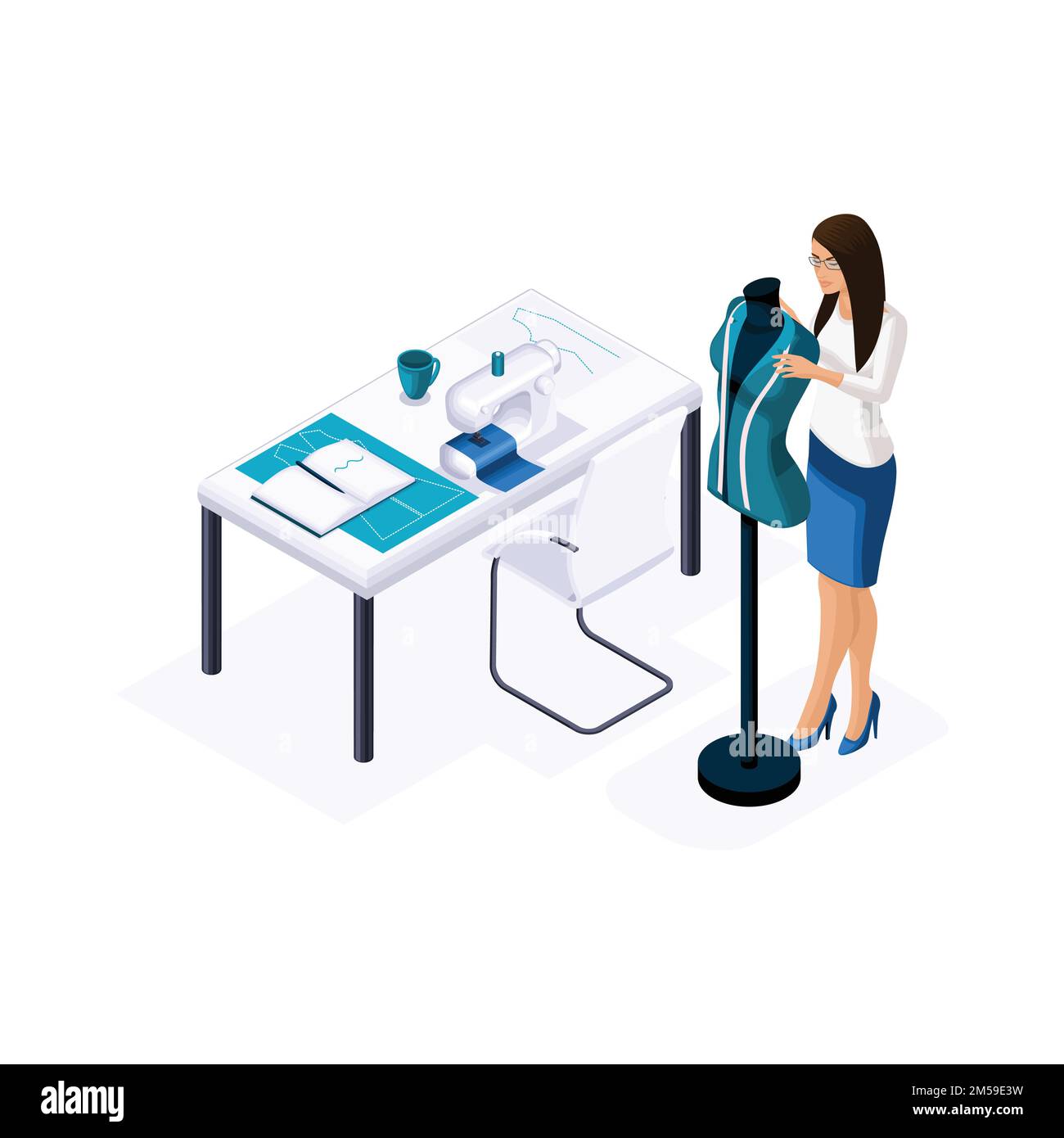 Isometric tailor, a designer fitting a ready-made clothes on a ...