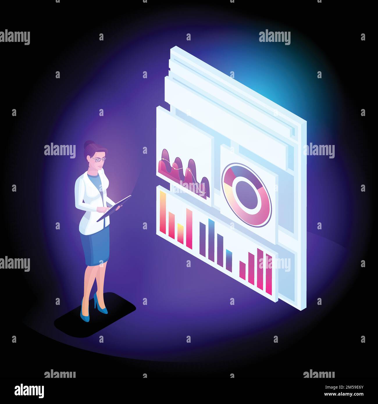 Isometric business girl online scans reports and analysis based on ...