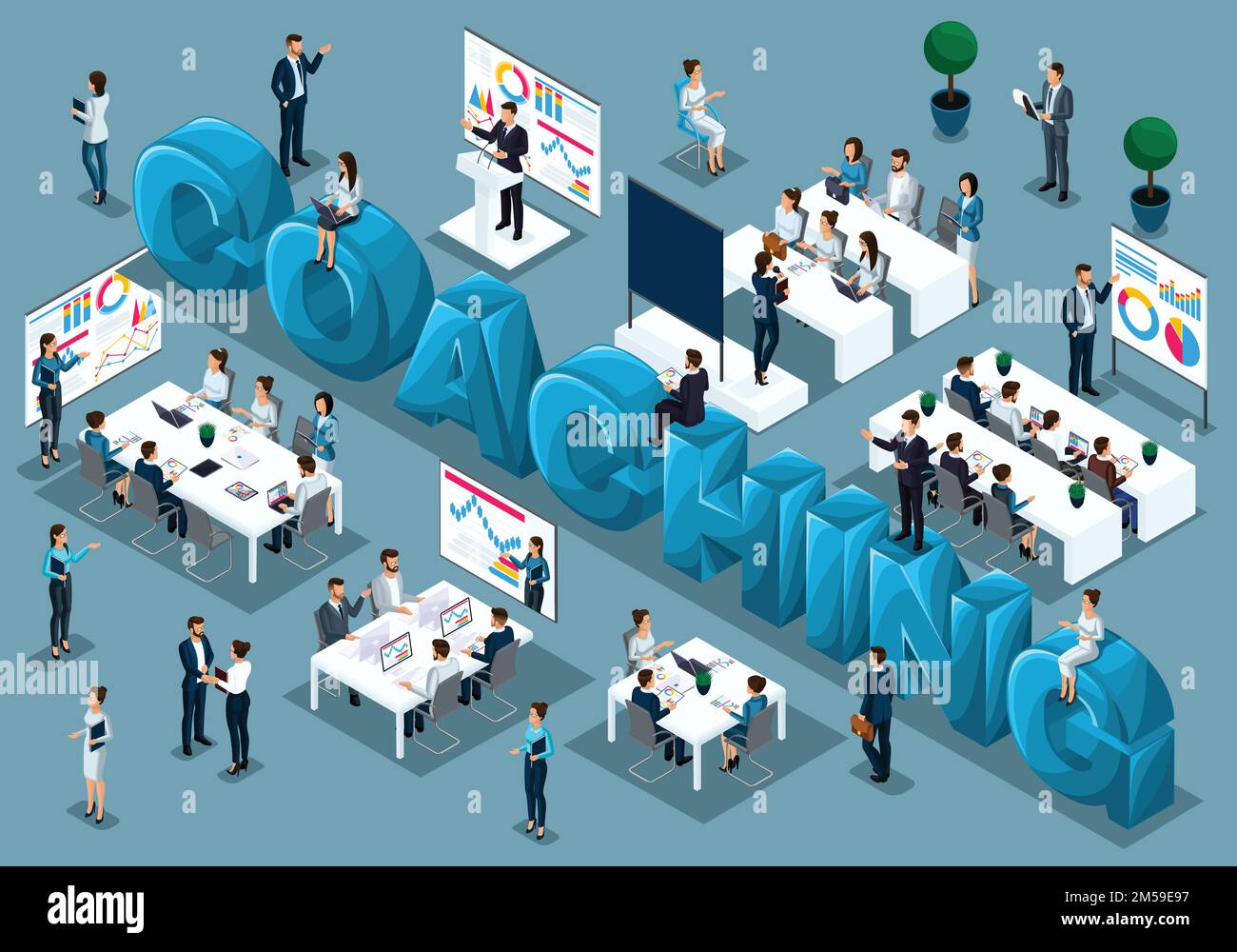Isometric cartoon people vector, 3d businessmen, concept of training ...