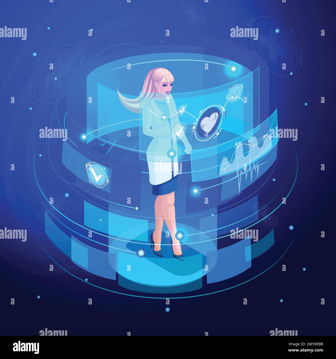 Isometric doctor works on a virtual screen, monitors, set 5, remote ...