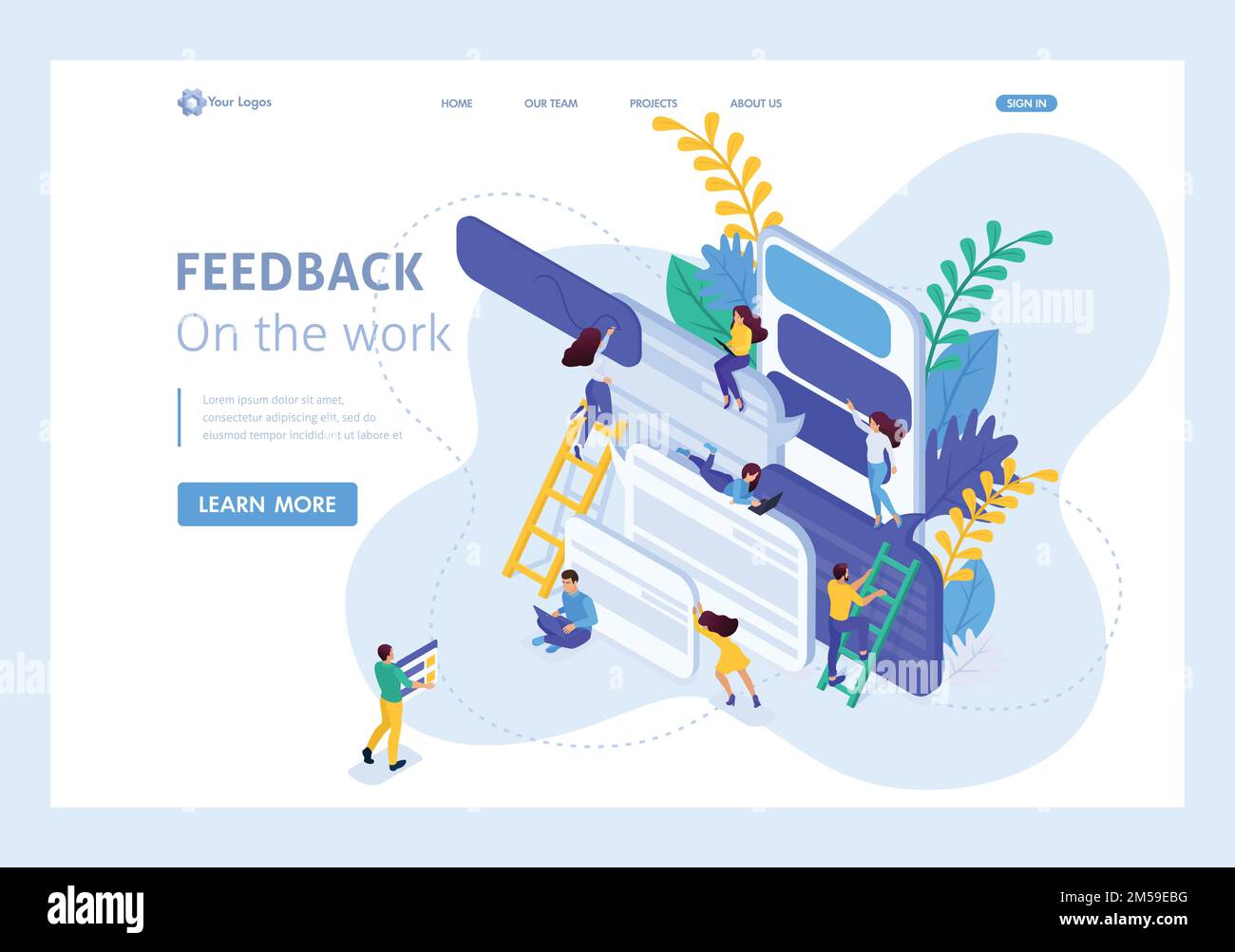 Isometric concept Internet users write feedback about services. Website ...