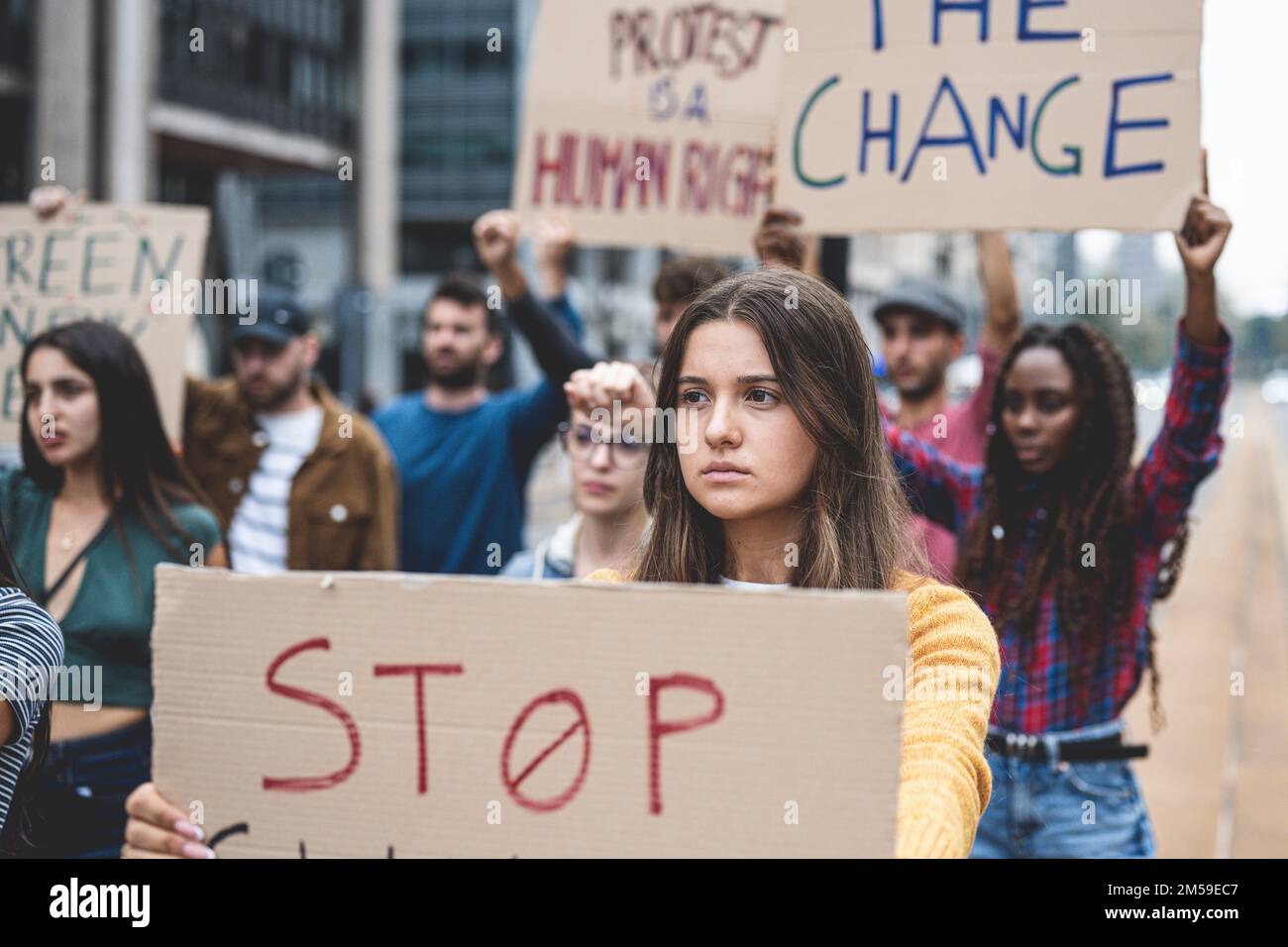 People strike against climate change and pollution, portrait of young ...